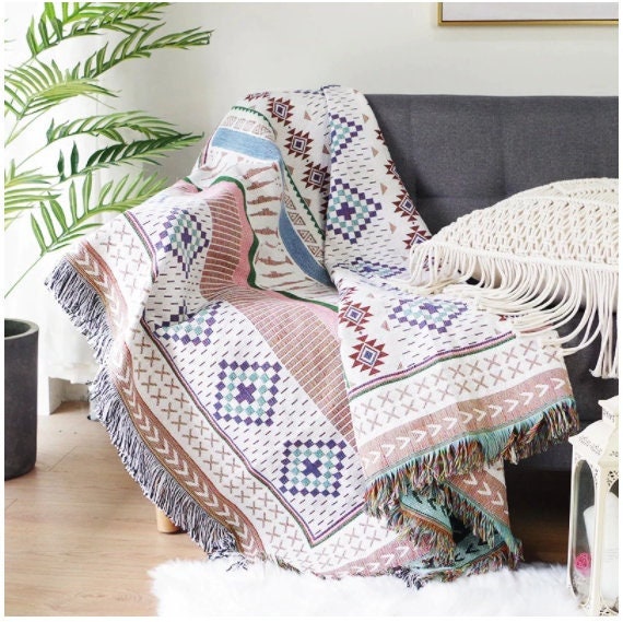 Nordic Cotton Bohemian Knitted Throw Thread Blanket on the Bed Sofa ...