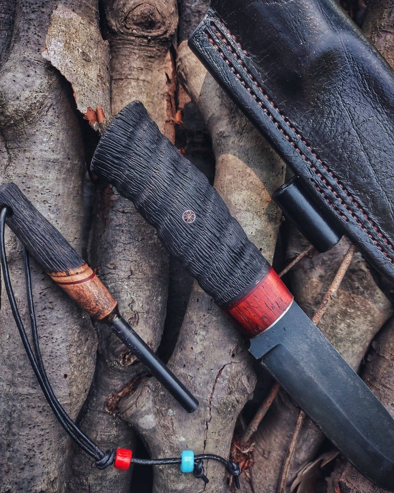 Black Blacksmith Hand Forge Engraving Custom Knife With Leather Sheath ...