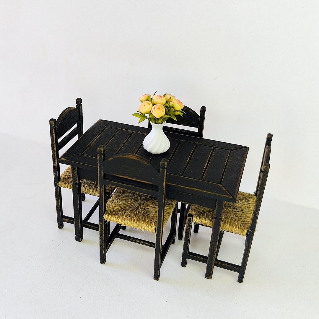 1/12 Dollhouse Kitchen Table and Chairs. Miniature Furniture. Rustic ...