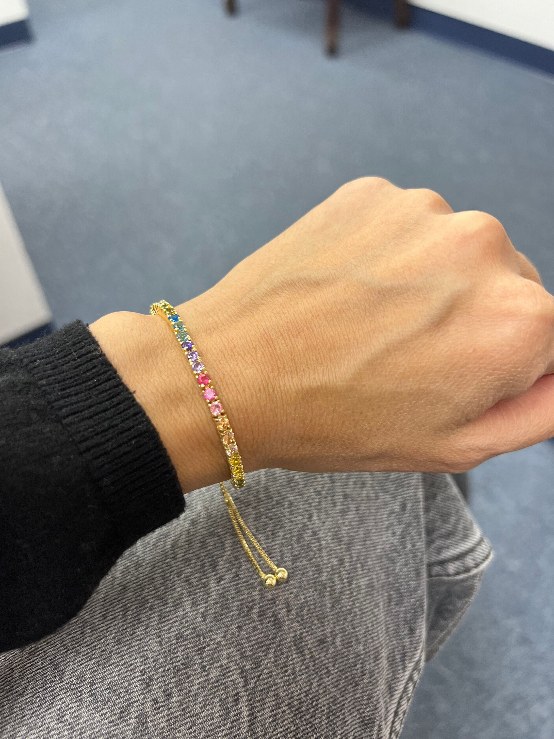 Rainbow Tennis Bracelet Adjustable Size With Shiny Cubic Zirconia 925 ...