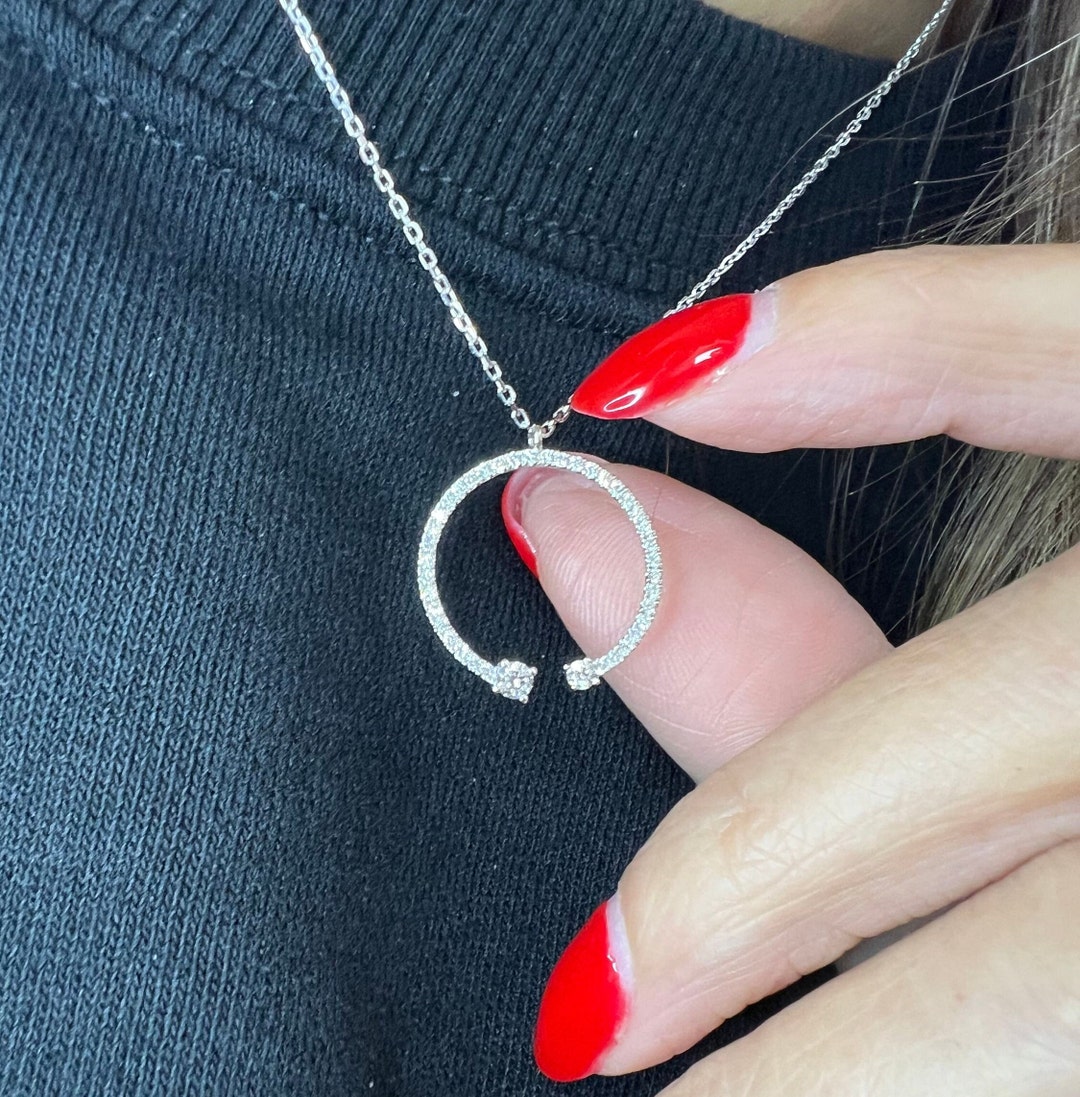 14k Solid Gold Diamond Open Circle Charm Necklace,diamond Open Circle ...