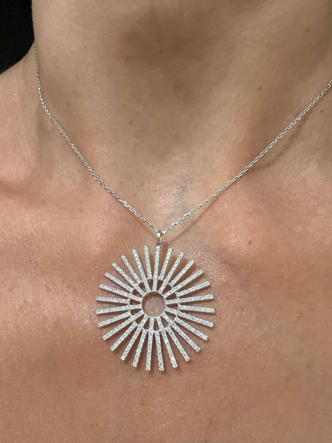 14k Gold Diamond Sun Necklace, Diamond Necklace, Sun Circle Pendant ...