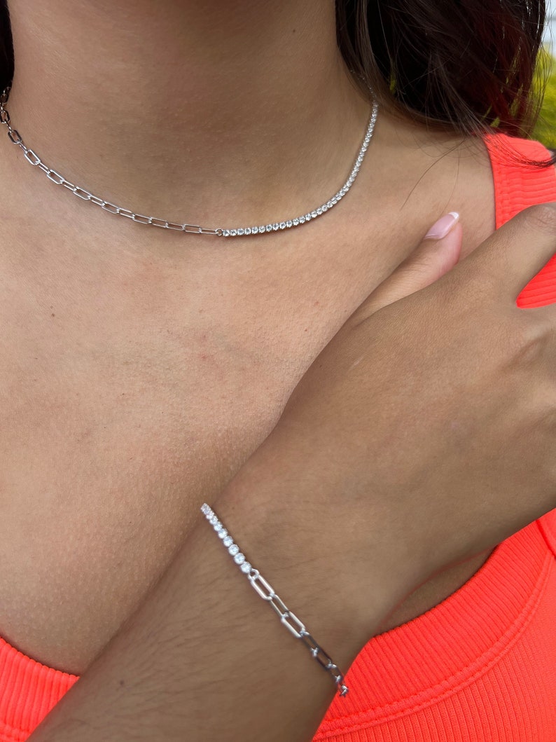 Half Tennis Half Paperclip Necklace, Sterling Silver Necklace ...