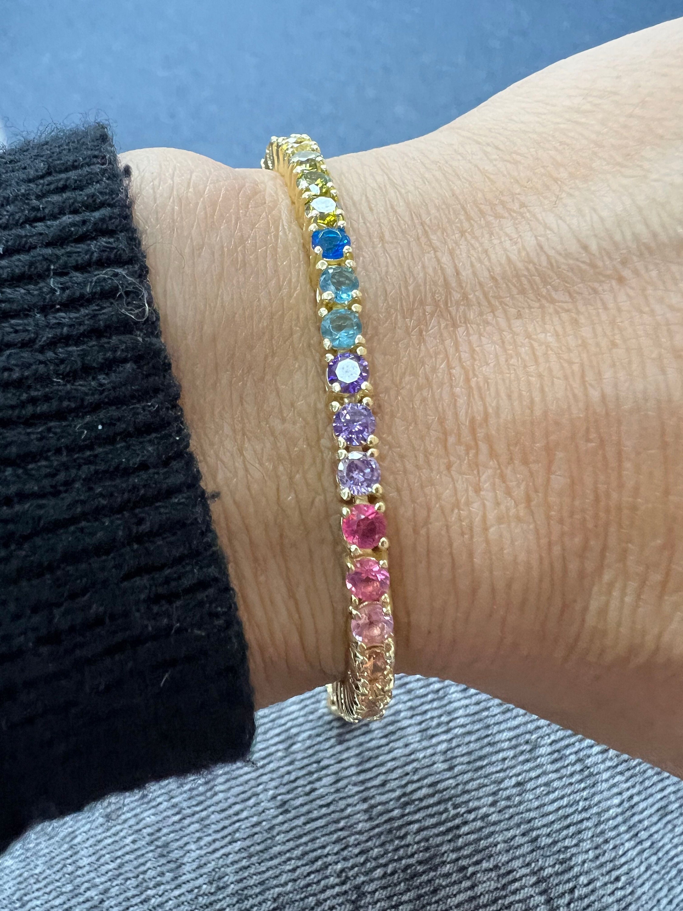 Rainbow Tennis Bracelet Adjustable Size With Shiny Cubic Zirconia 925 ...