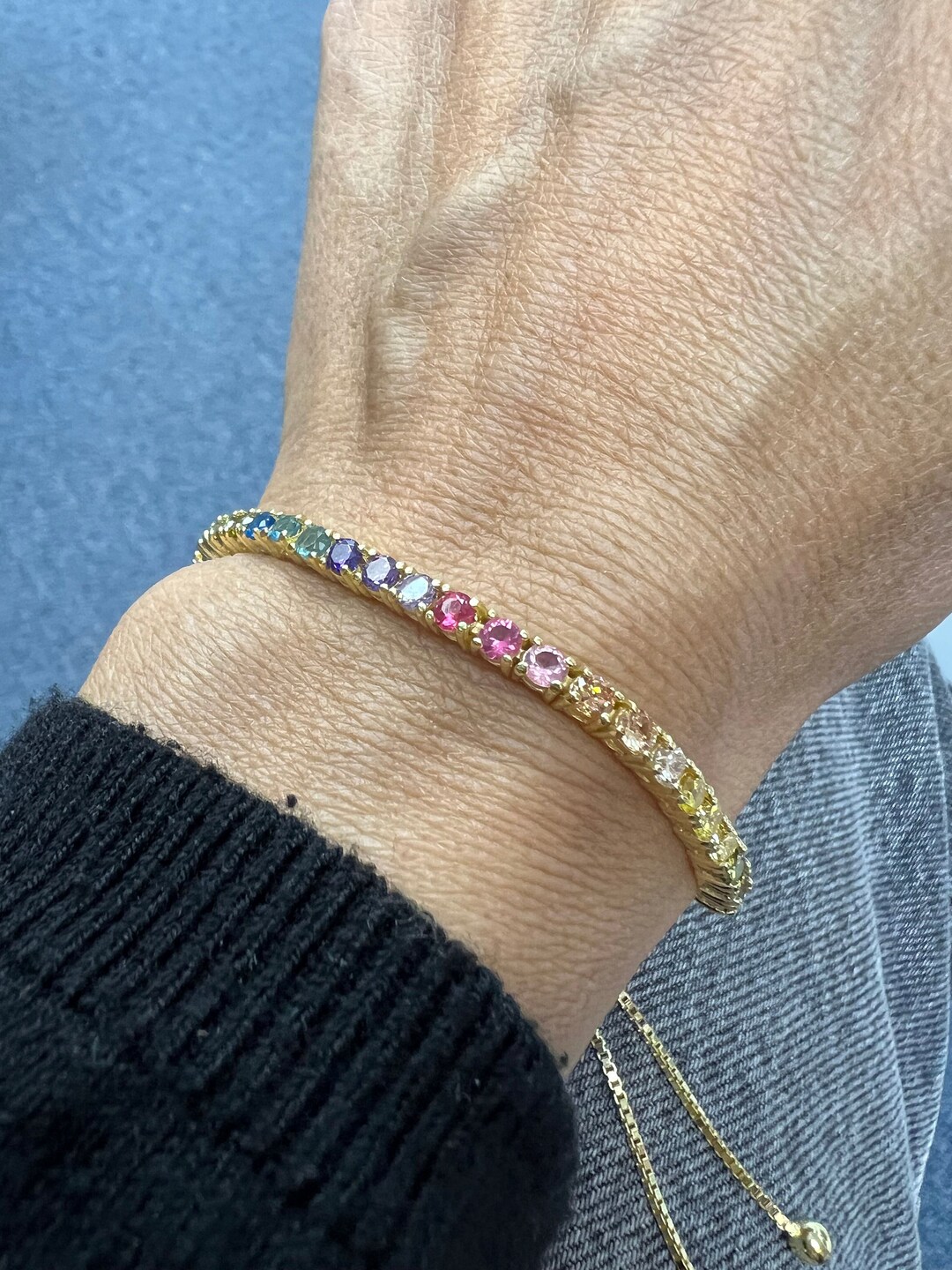 Rainbow Tennis Bracelet Adjustable Size With Shiny Cubic Zirconia 925 ...