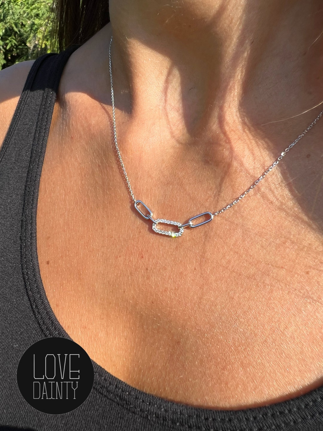 14k Gold Diamond Paper Clip Necklace, 14k Yellow & White Gold Diamond ...