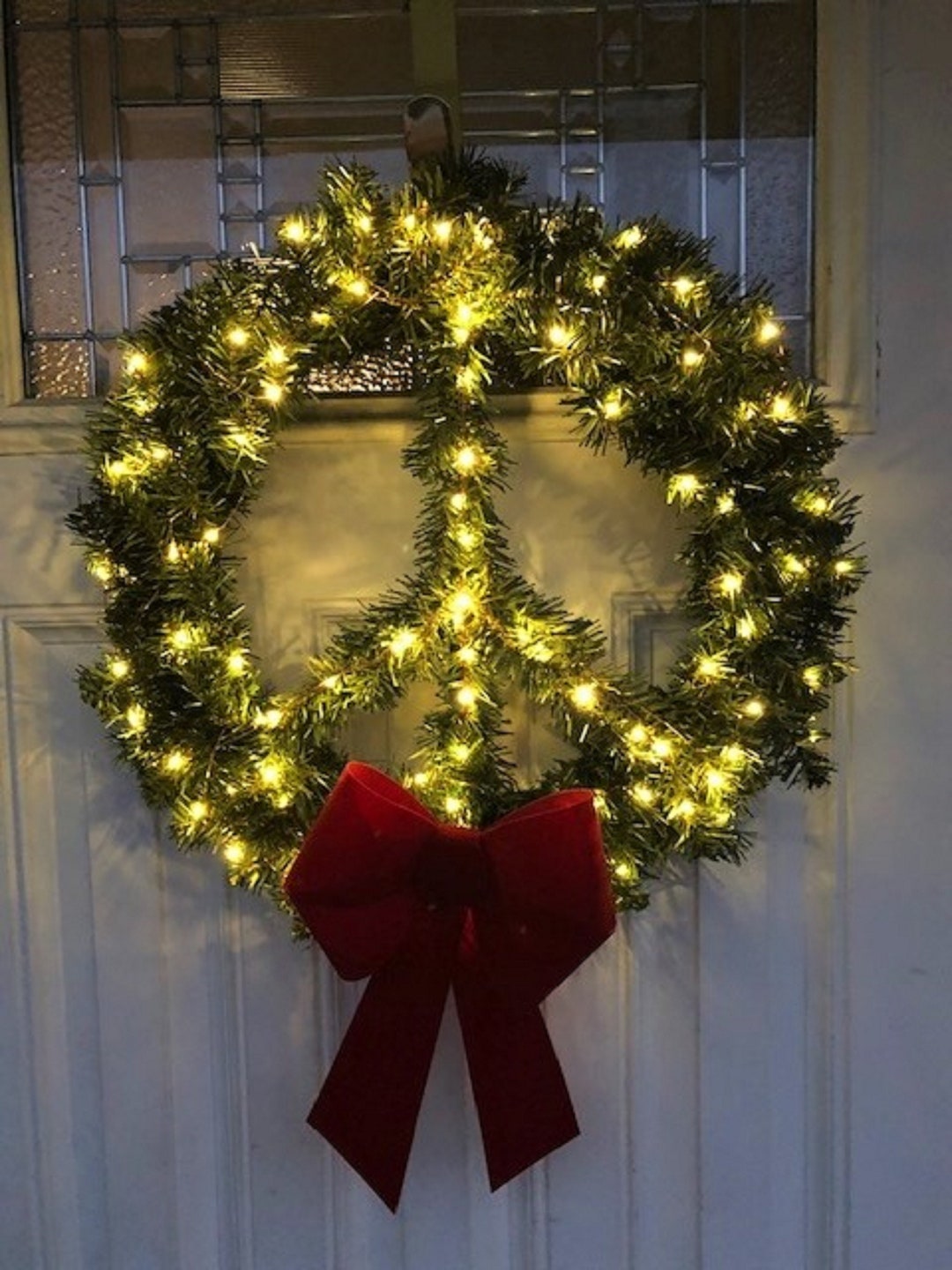 Lighted Pine Wreath, Lighted Peace Wreath, Pine Peace Sign Wreath ...