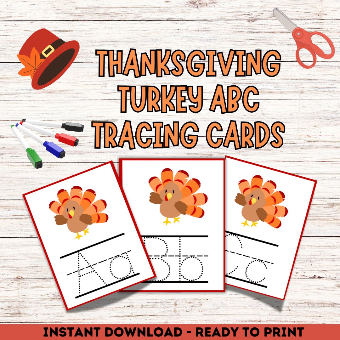 Thanksgiving Turkey ABC Tracing Cards Instant Download Letter Practice ...