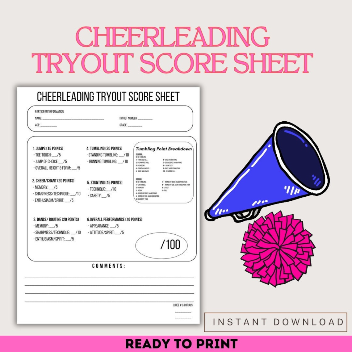 Cheerleading Tryout Score Sheet Form Instant Download - Etsy