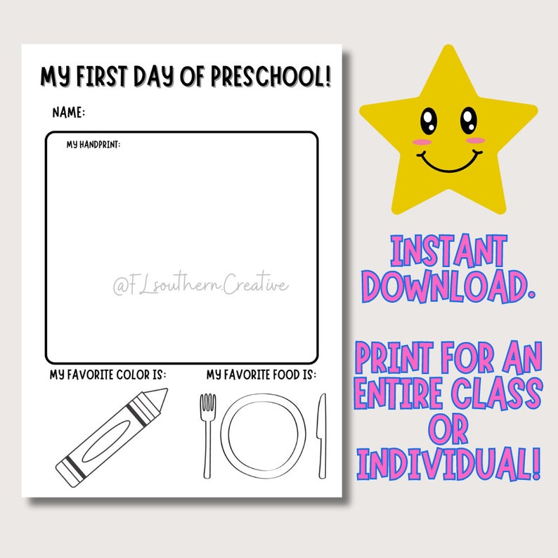 First Day of Preschool Handprint Craft - Instant Download PDF 8.5"x11 ...