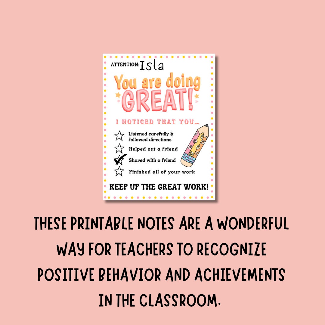 Positive Student Classroom Notes you Are Doing Great Student Card ...