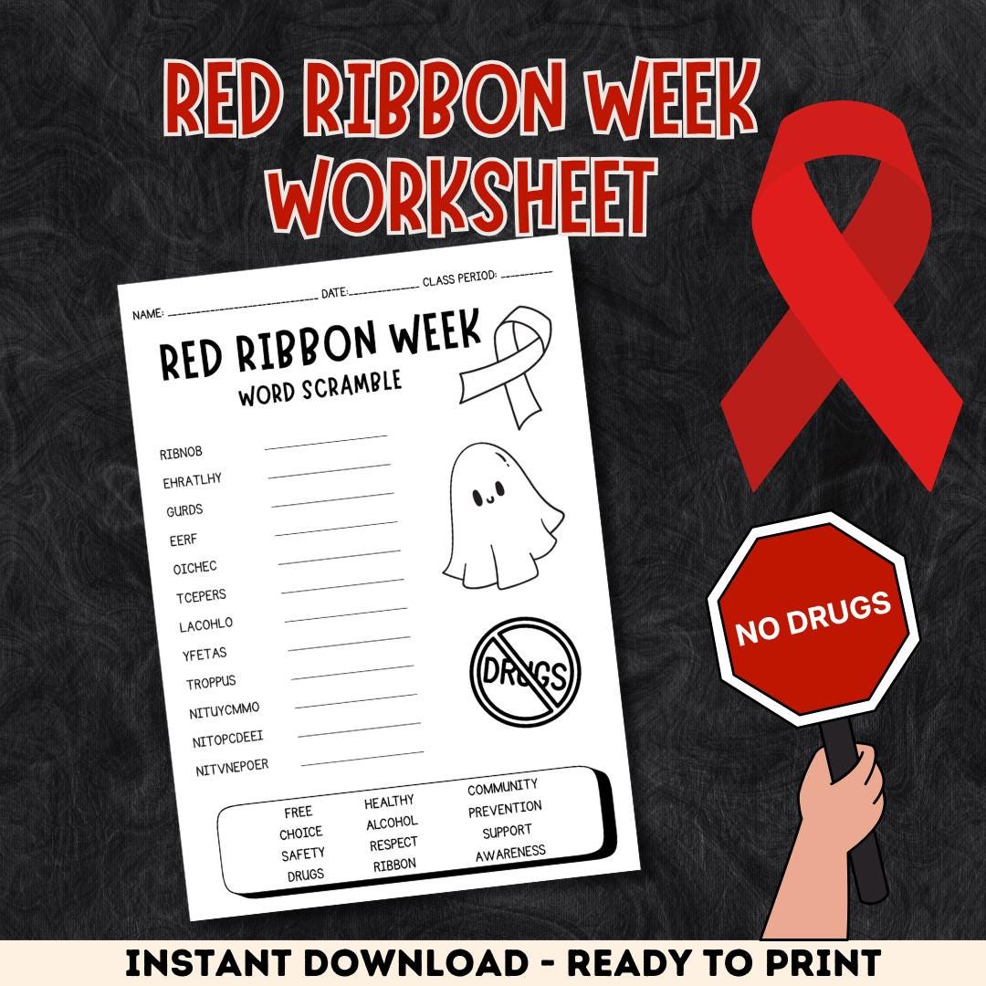 Red Ribbon Week Word Scramble Worksheet | Drug Prevention Activity ...