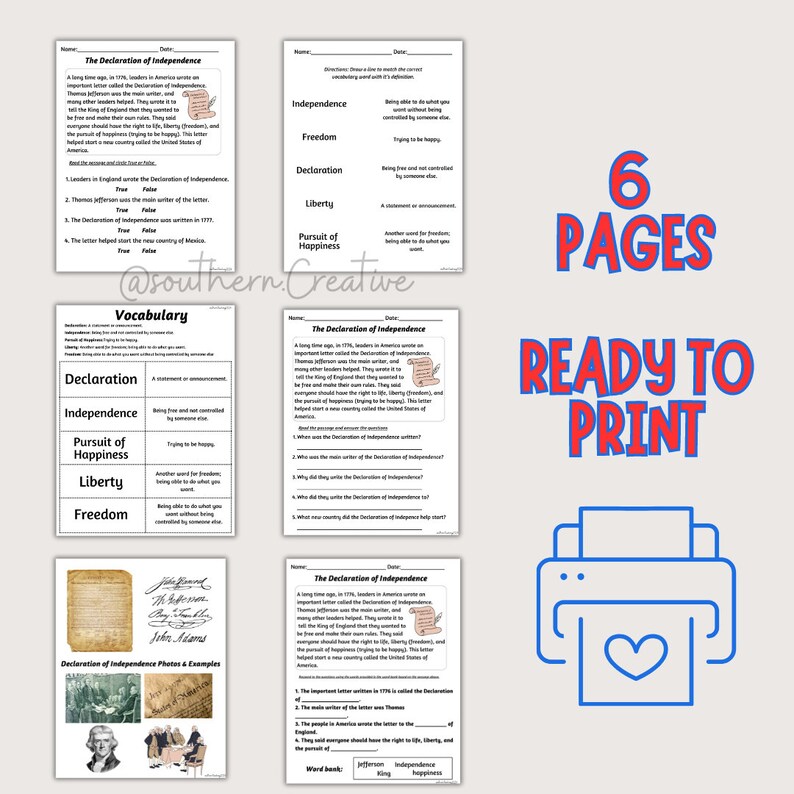 Declaration of Independence 4th of July Worksheets and Quizzes for ...
