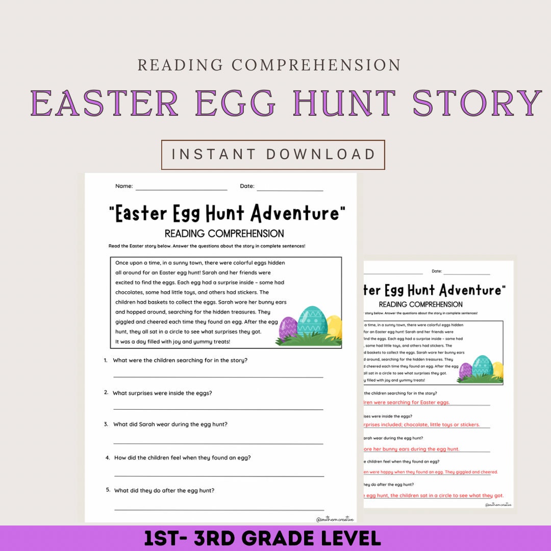 Easter Egg Hunt Adventure: First Grade Reading Comprehension Worksheet ...