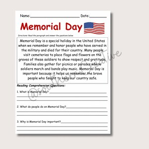 Memorial Day Reading Comprehension and True/false for 1st Grade Instant ...