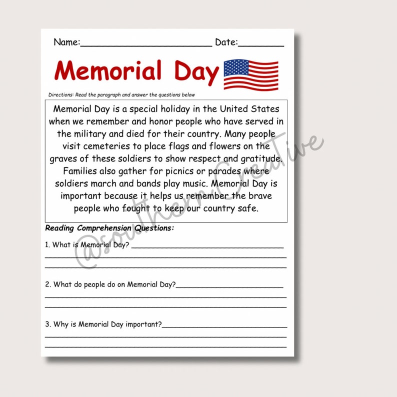 Memorial Day Reading Comprehension and True/false for 1st Grade Instant ...