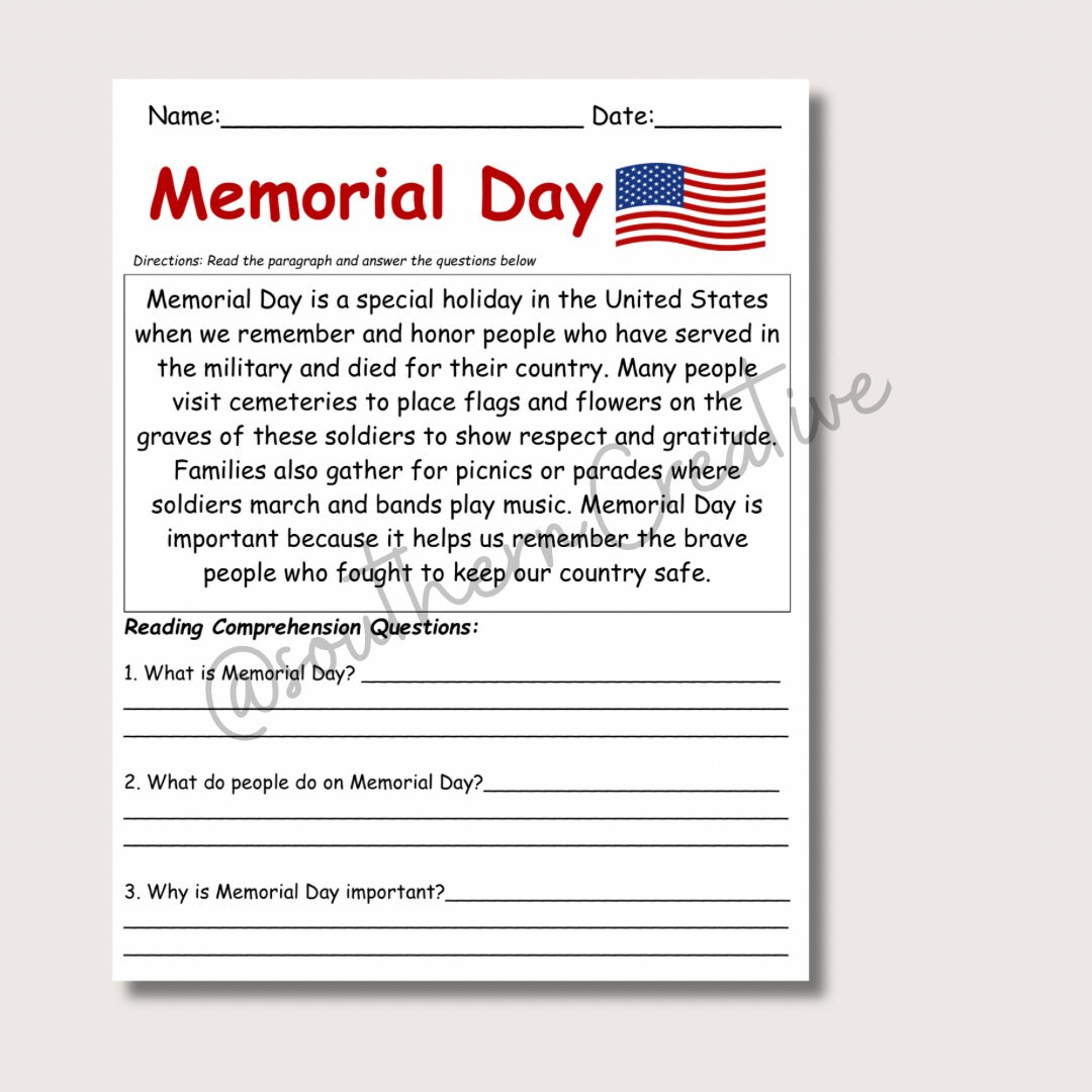 Memorial Day Reading Comprehension and True/false for 1st Grade Instant ...