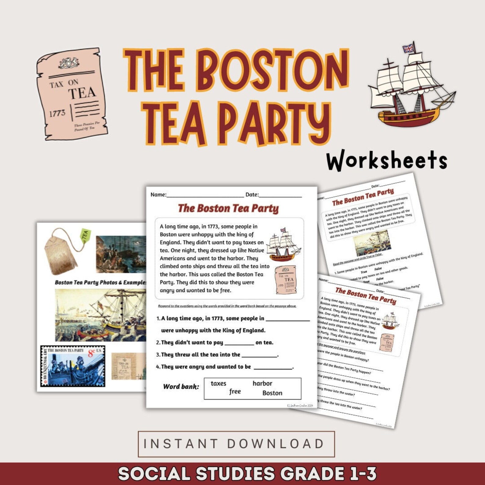 Boston Tea Party Worksheets: US History Reading Comprehension (PDF ...
