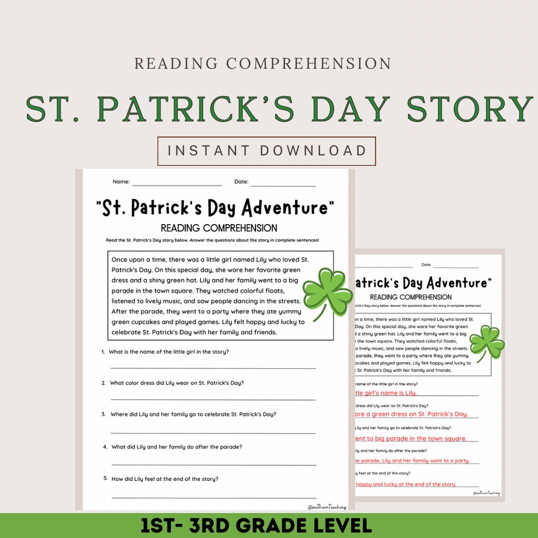 St. Patricks Day Story Reading Comprehension and Questions for First Grade Level - Etsy