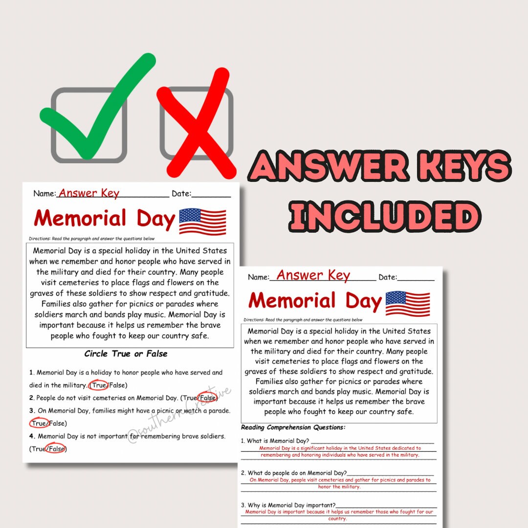 Memorial Day Reading Comprehension and True/false for 1st Grade Instant ...