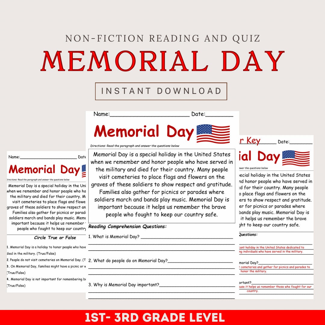 Memorial Day Reading Comprehension and True/false for 1st Grade Instant ...