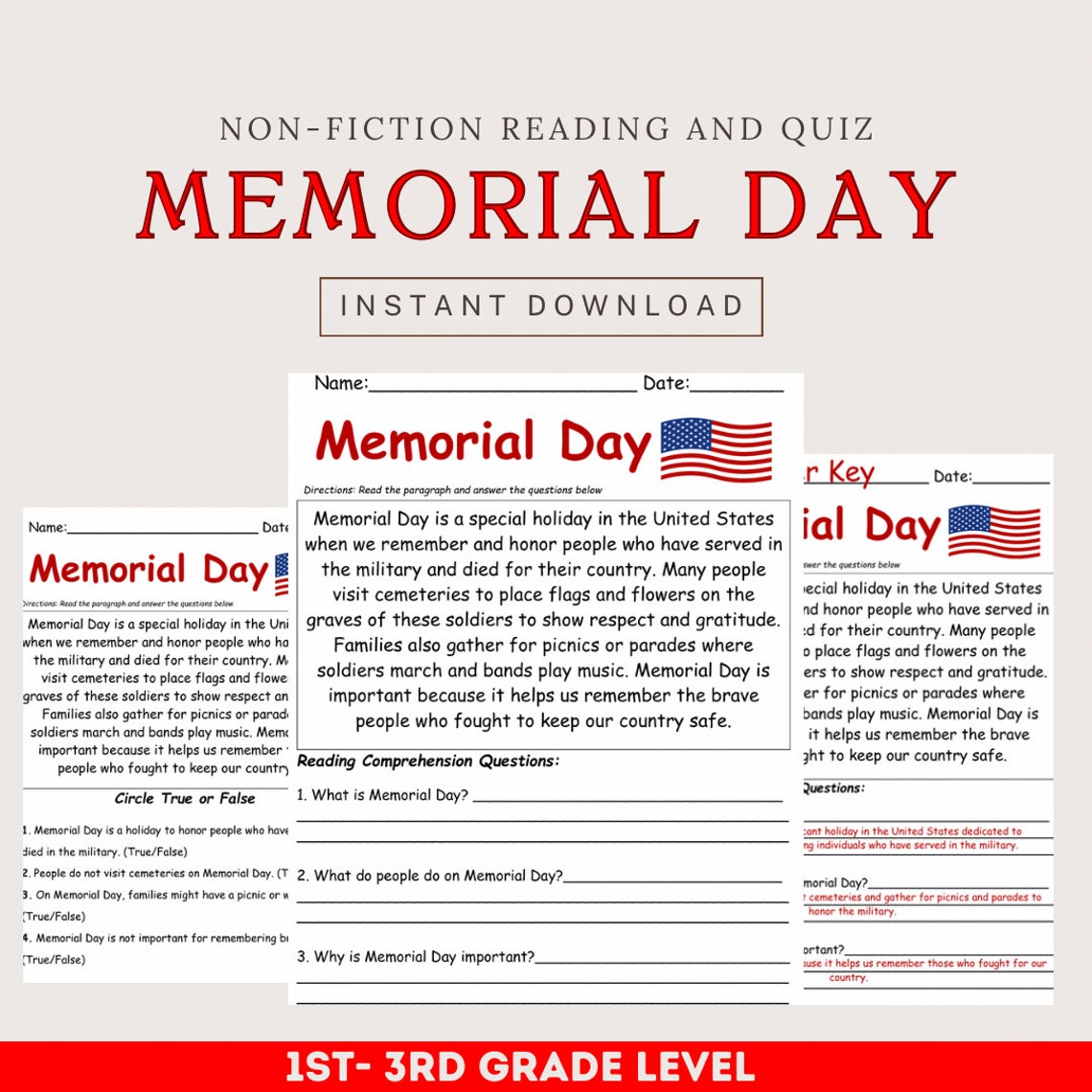 Memorial Day Reading Comprehension and True/false for 1st Grade Instant ...