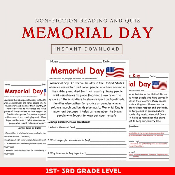 Memorial Day Reading Comprehension - Etsy