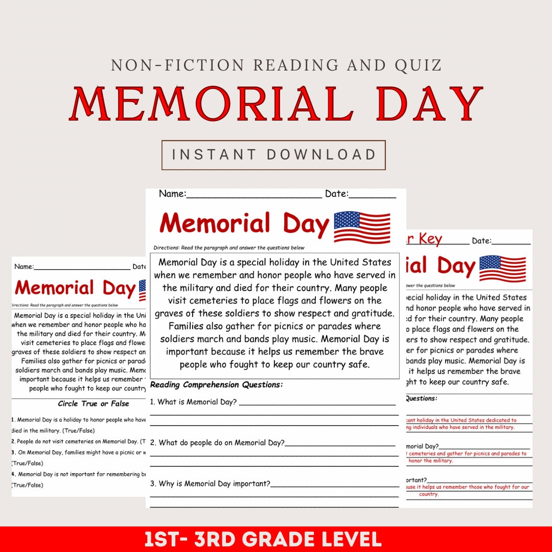 Memorial Day Reading Comprehension and True/false for 1st Grade Instant ...