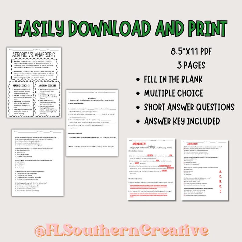 Aerobic Vs Anaerobic Worksheets - 3 Pages - PDF Printable for Middle ...