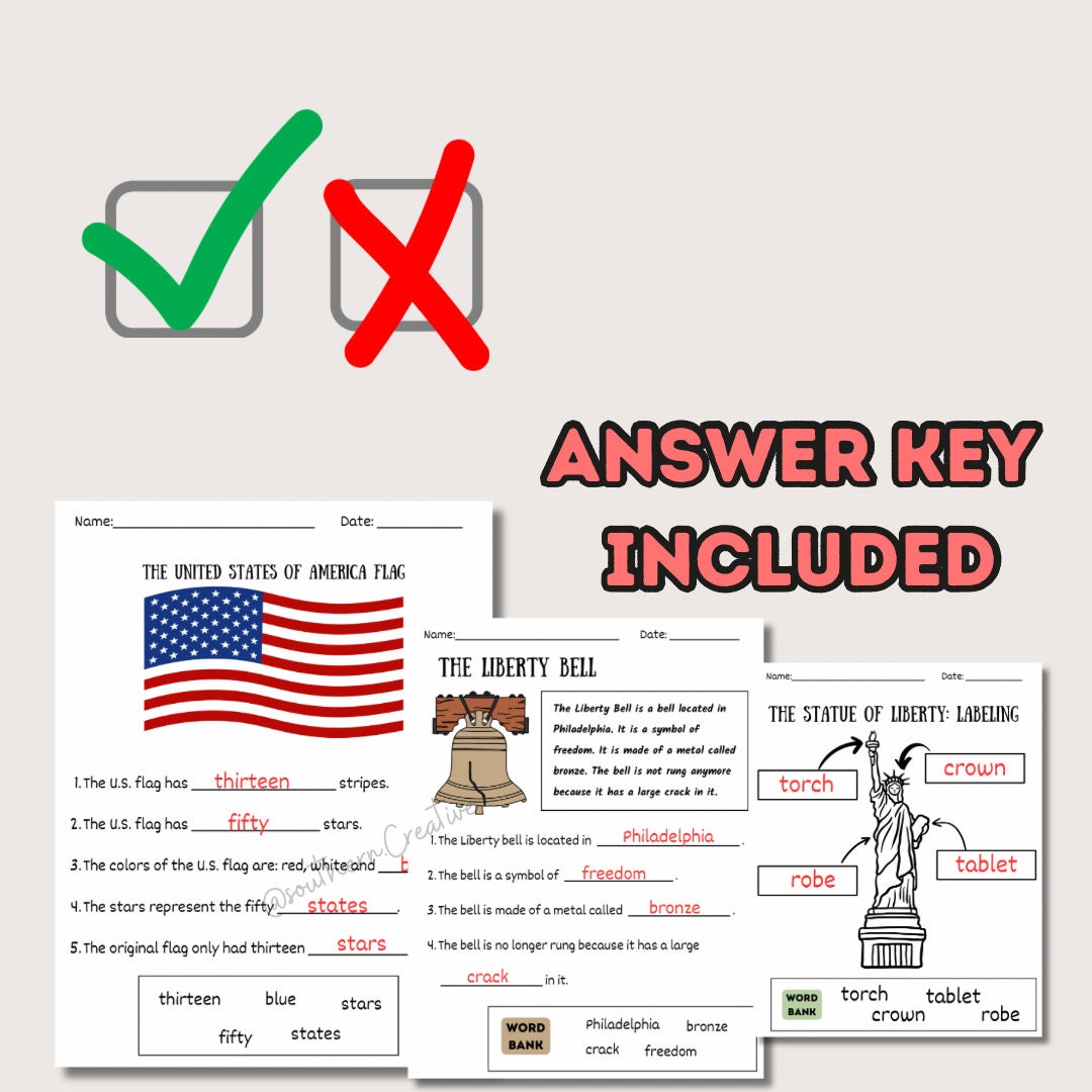 U.S.A Symbols Worksheets and Quizzes for Social Studies - Etsy
