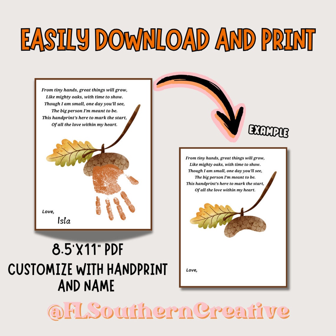Fall Acorn Handprint Craft Poem | 8.5x11" Printable PDF | Instant ...