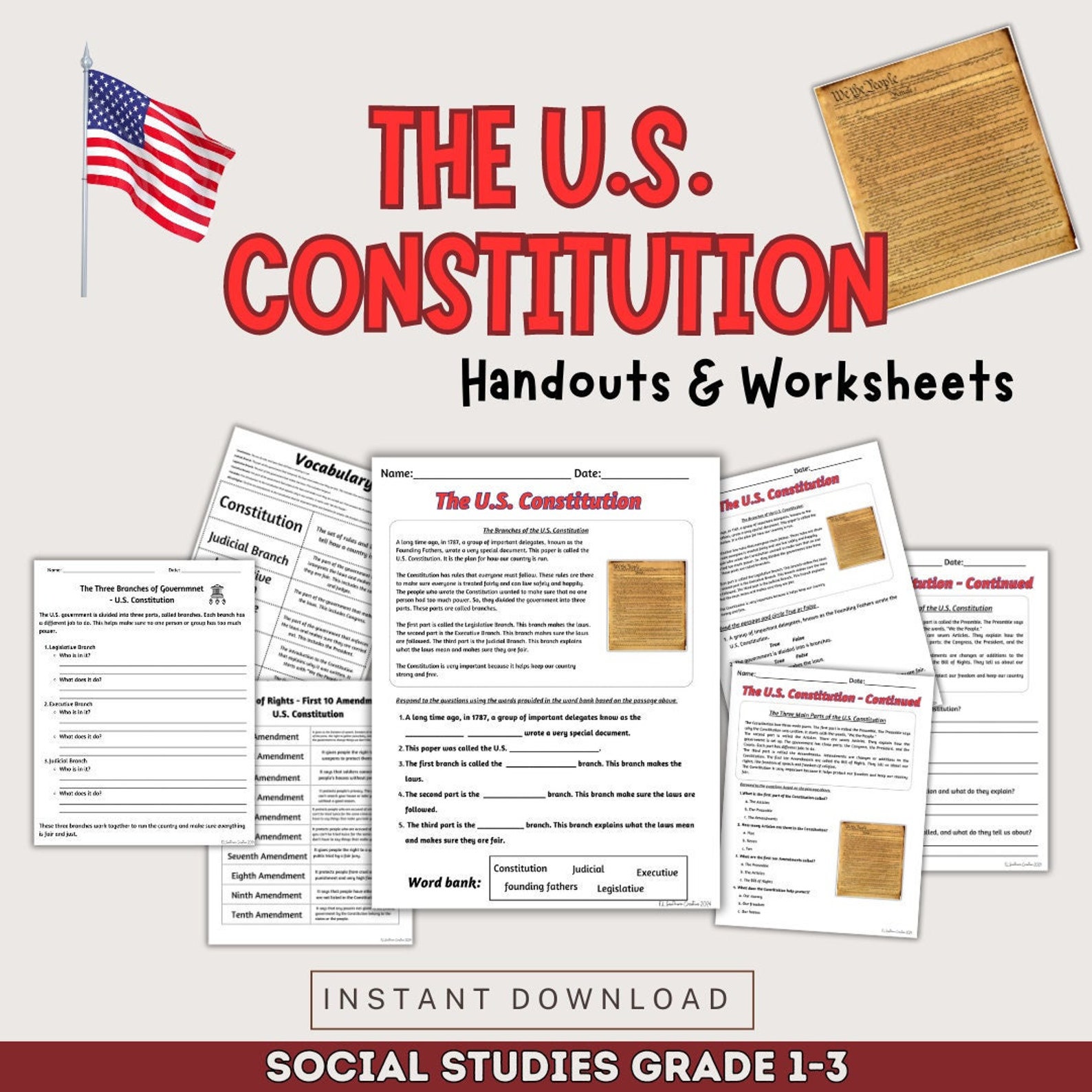 The U.S. Constitution Worksheets and Quizzes for Social Studies | Bill ...