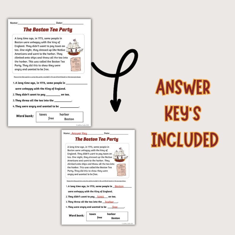 Boston Tea Party Worksheets: US History Reading Comprehension (PDF ...