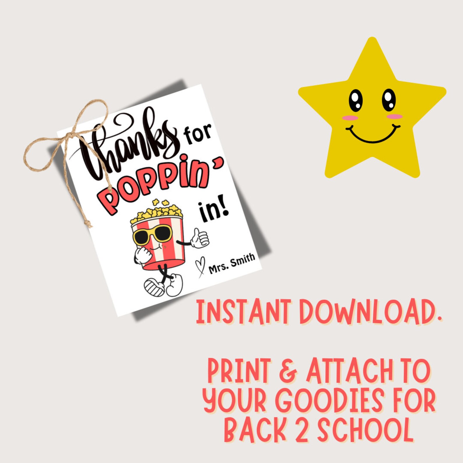 Back to School "thanks for Poppin In" Popcorn Tag Printable - Instant ...