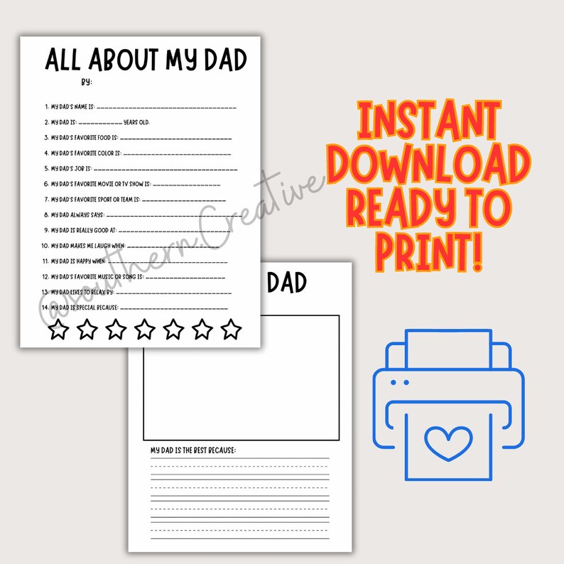 Father’s Day All About My Dad Information Sheet and Drawing, Instant ...