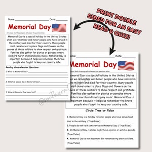 Memorial Day Reading Comprehension and True/false for 1st Grade Instant ...