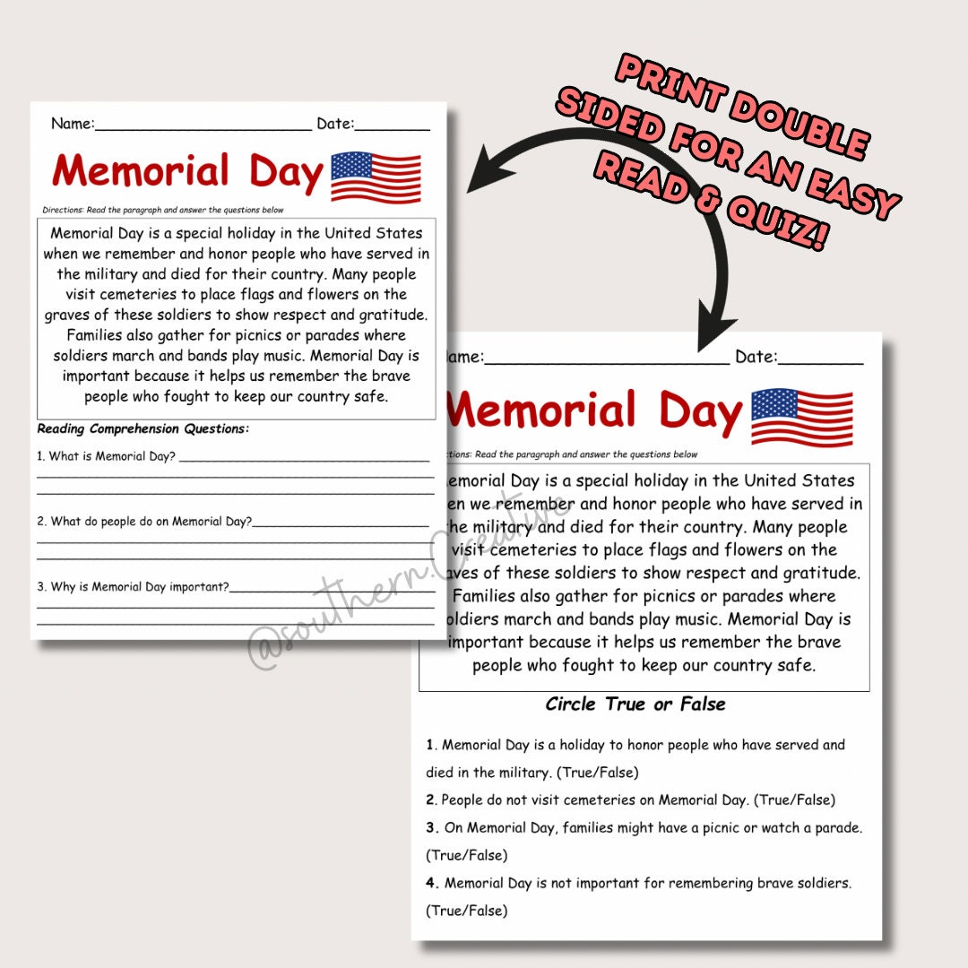 Memorial Day Reading Comprehension and True/false for 1st Grade Instant ...