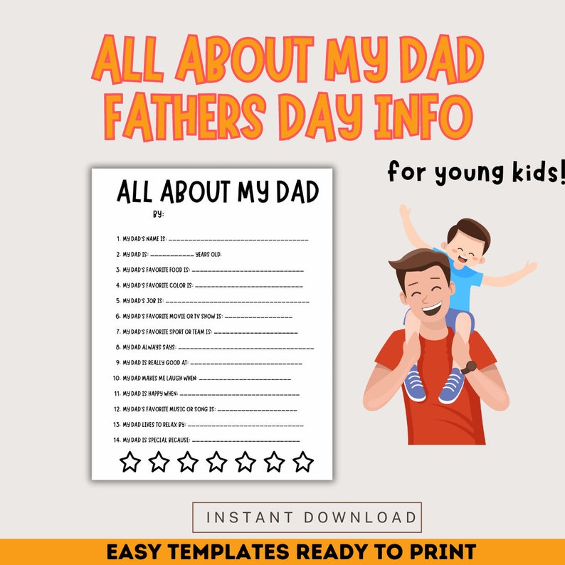 Father’s Day All About My Dad Information Sheet and Drawing, Instant ...