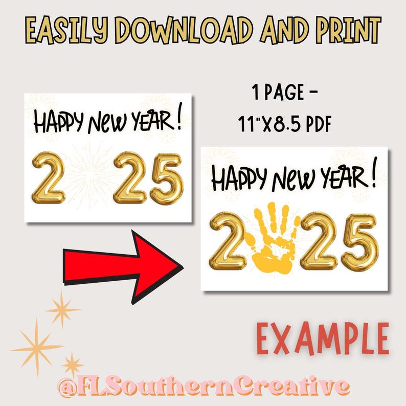 New Year Printable Handprint Happy New Year 2025 PDF Instant Download ...