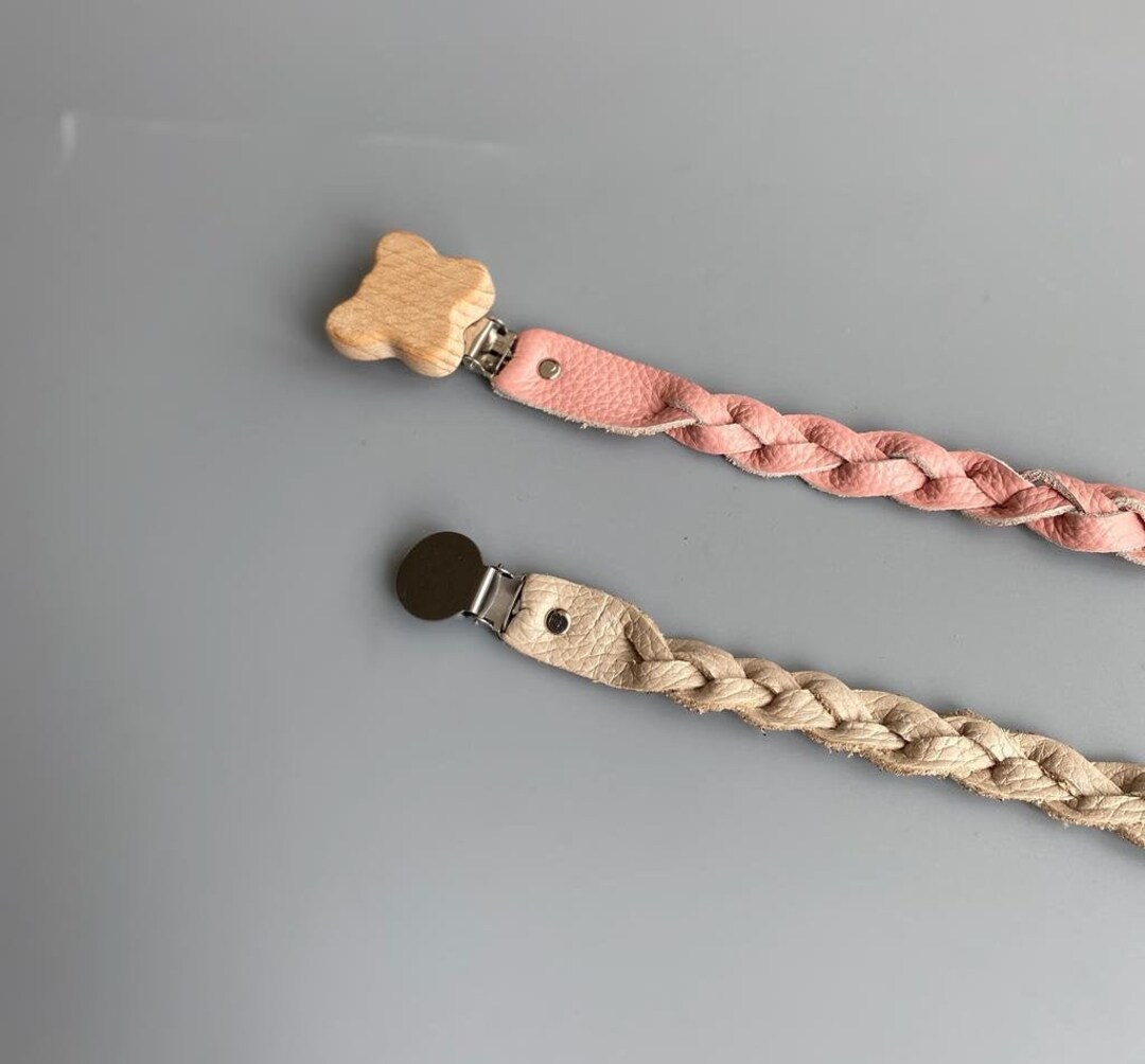 Genuine Leather Braid Pacifier Clip, Organic Wood Clip, Personalized ...