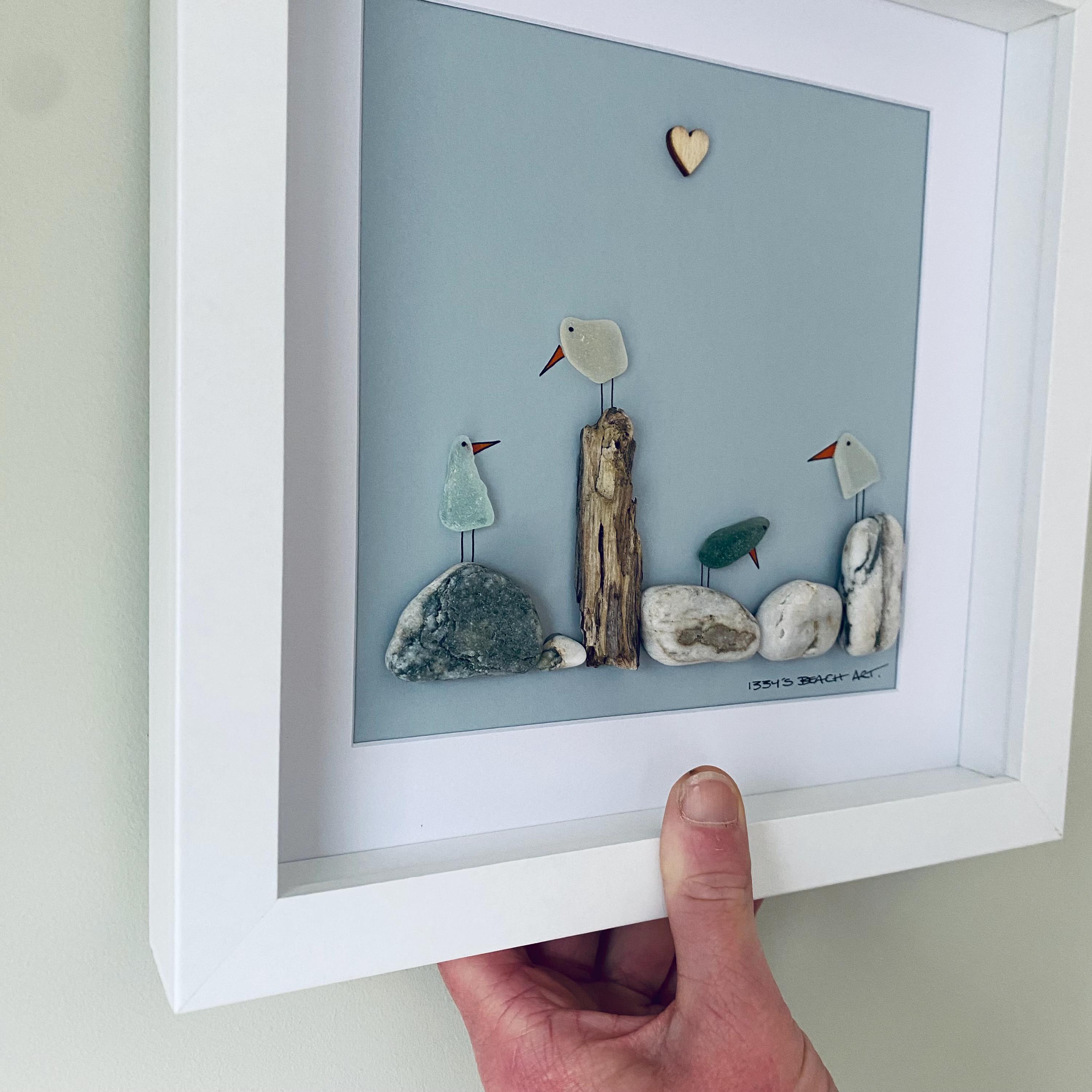 Four Sea Glass Beach Birds on Pebbles and Driftwood • Coastal Inspired ...