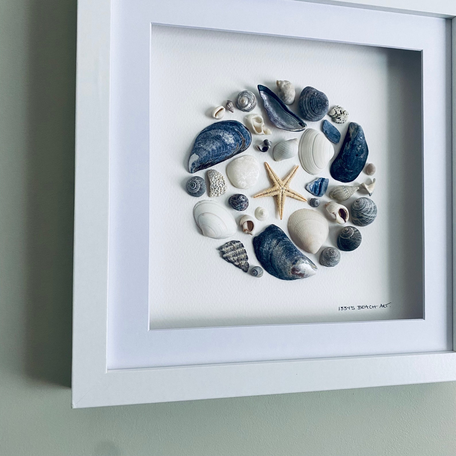 Blue/white Coastal Shell Wall Art - Framed Coastal Picture Handmade in ...