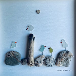 Large Beach Birds Family Picture Cornish Sea Glass Art Handmade in ...