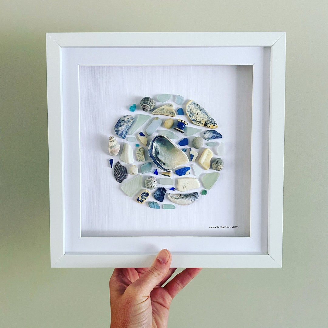 Blue Sea Glass Art Shell Art Picture Mandala Design Handmade in ...