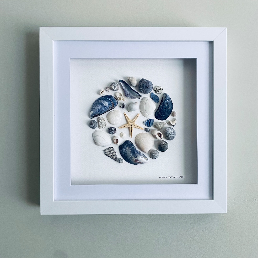 Cornish Blue & White Coastal Inspired Shell Art Framed Picture • Ocean ...