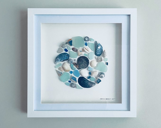 Blue Sea Glass Art Shell Art Picture Mandala Design Handmade in ...