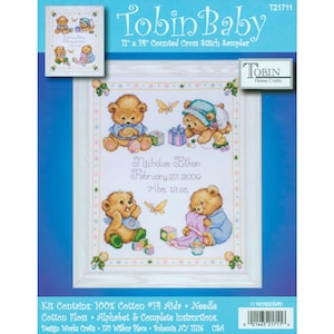 Tobin Counted Cross Stitch Kit | Baby Bears Birth Record | (14 Count ...