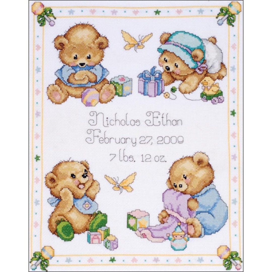 Tobin Counted Cross Stitch Kit | Baby Bears Birth Record | (14 Count ...