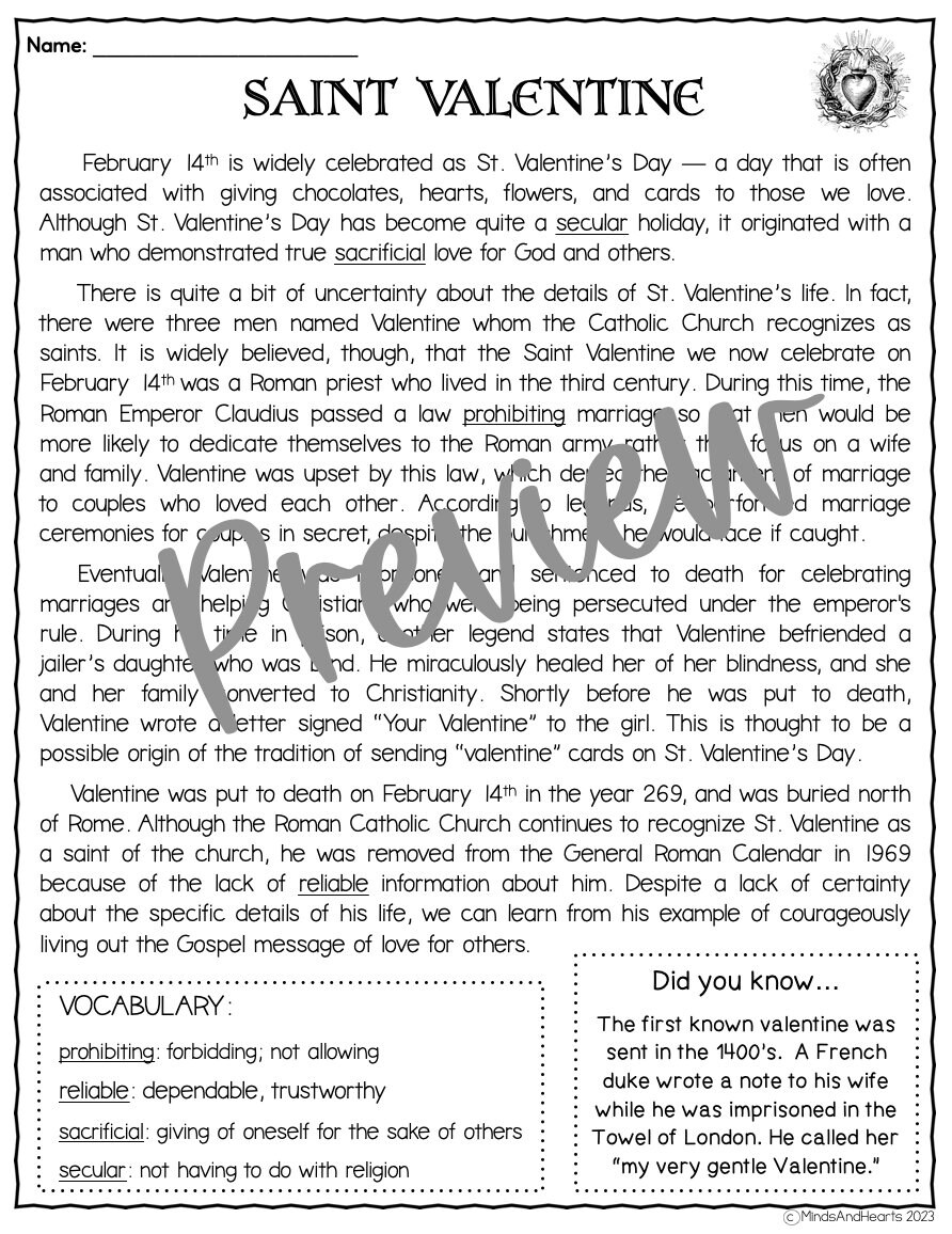 Catholic Reading Comprehension Bundle - Epiphany, St. Valentine's Day ...
