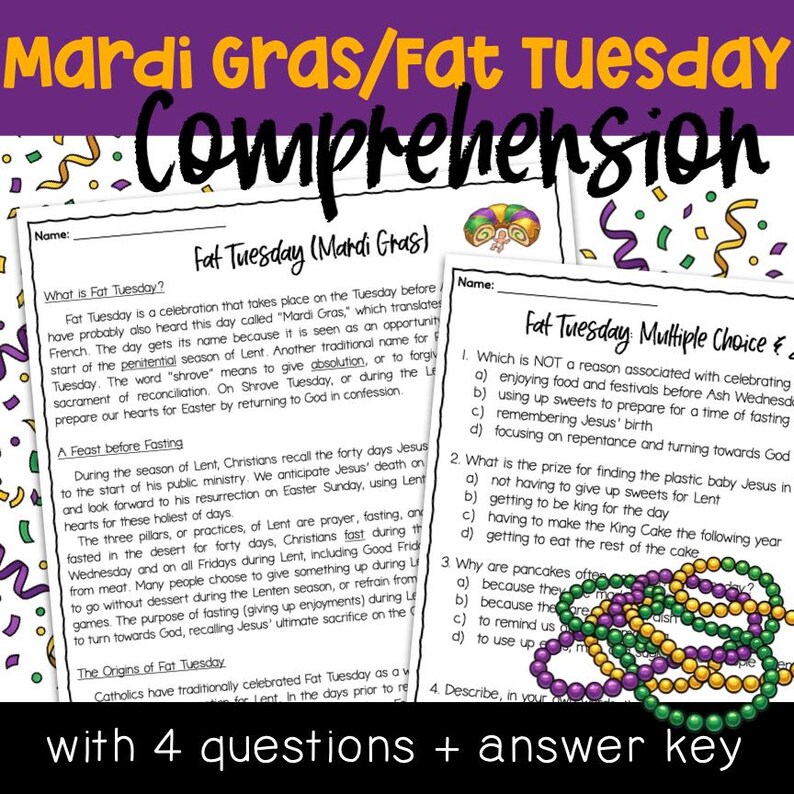 Mardi Gras Reading Comprehension | Fat Tuesday - Shrove Tuesday ...